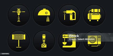 전기 히터 공기 압축기 블렌더 믹서 로터리 해머 드릴 머신 및 아이콘을 설정합니다 벡터 Rotary International에