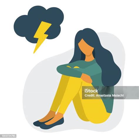 우울한 여자 개념 플랫 스타일 벡터 일러스트 구름과 번개 위에 앉아 슬픈 여자 캐릭터는 우울증 스트레스 두통 외로움을 느낍니다 Health에 대한 스톡 벡터 아트 및 기타