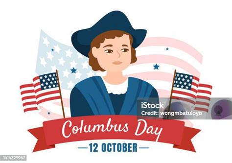 해피 콜럼버스 데이 내셔널 홀리데이 핸드 그린 만화 일러스트 레이 션 블루 웨이브 나침반 선박 및 플랫 스타일 배경의 미국 국기 10월에 대한 스톡 벡터 아트 및 기타