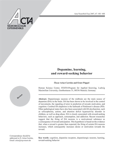 PDF Dopamine Learning And Reward Seeking Behavior