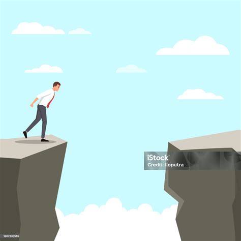 혼란스러운 사업가는 절벽 앞에 서서 위험한 사업 결정이나 선택을 합니다 좌절 한 남자 직원은 위험한 작업 계획을 고려하고 문제를 느끼고 두려워합니다 딜레마 결정에 대한 스톡