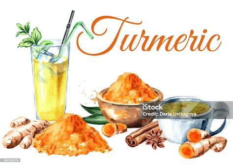 심 황 카드입니다 아유르베다 음료 골든 코코넛 밀크 민트와 Spicies 라 떼 아이스 흰색 배경에 고립 수채화 손으로 그린 그림 가루로 빻은에 대한 스톡 벡터 아트 및