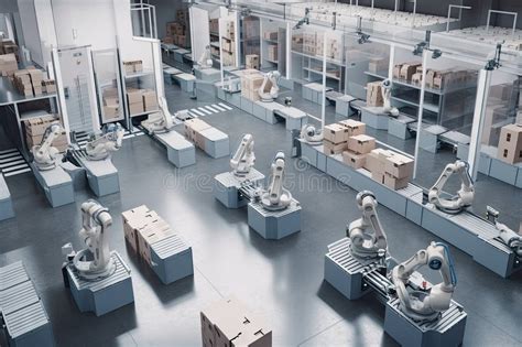 Packaging And Sorting Robots Working Together To Sort Products In Warehouse Stock Illustration