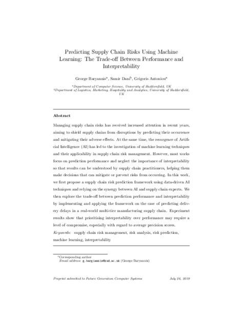 Pdf Predicting Supply Chain Risks Using Machine Learning The Trade Off Between Performance