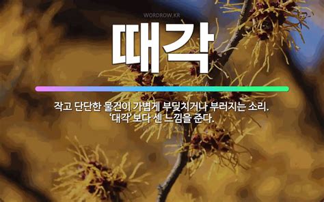 🌟때각 작고 단단한 물건이 가볍게 부딪치거나 부러지는 소리 ‘대각보다 센 느낌을 준다 표준국어대사전