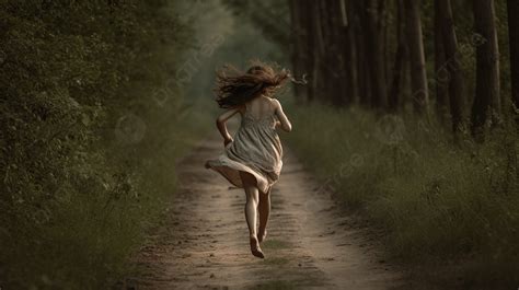 Girl Is Running In The Woods Background Running Away Picture Away