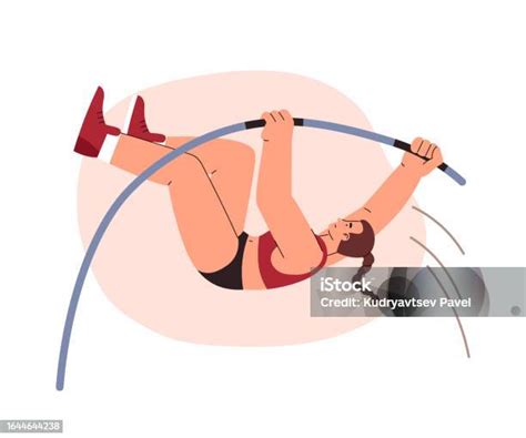 장대높이뛰기 운동 벡터 플랫 일러스트레이션 높이뛰기 점퍼 여성 운동선수 장대점프 만화 운동가 Track And Field