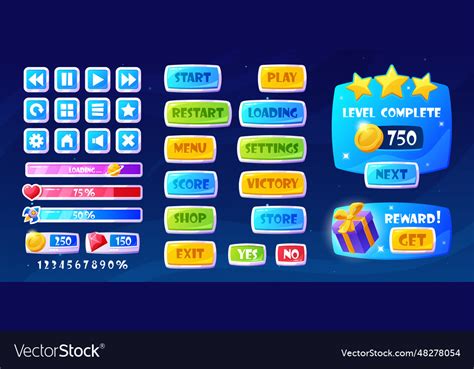 Space Game Ui Menu Interface Cartoon Buttons Vector Image