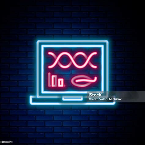 빛나는 네온 라인 벽돌 벽 배경에 고립 된 노트북 아이콘에 유전 공학 수정 Dna 분석 유전자 검사 복제 다채로운 윤곽선 개념 벡터 Dna에 대한 스톡 벡터 아트 및 기타
