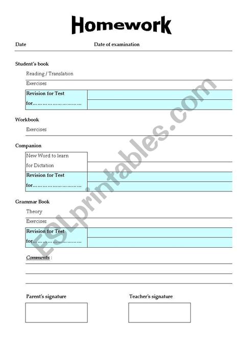 English Worksheets Homework Assignment Sheet