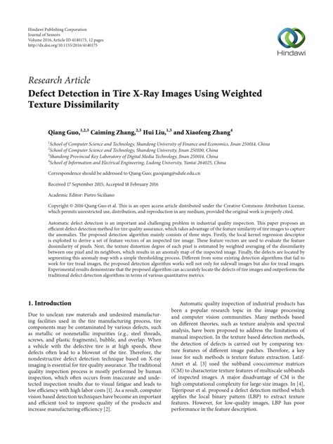 PDF Defect Detection In Tire X Ray Images Using Weighted Texture Dissimilarity
