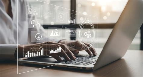 Data Analysis Visualization Hands Typing On Laptop With Futuristic Interface Stock Illustration