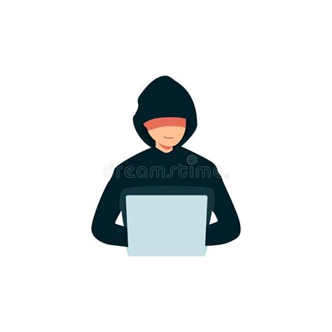 Hacker Using A Laptop Icon Criminal Man In A Hoodie Breaking Into Computer`s Security Stock