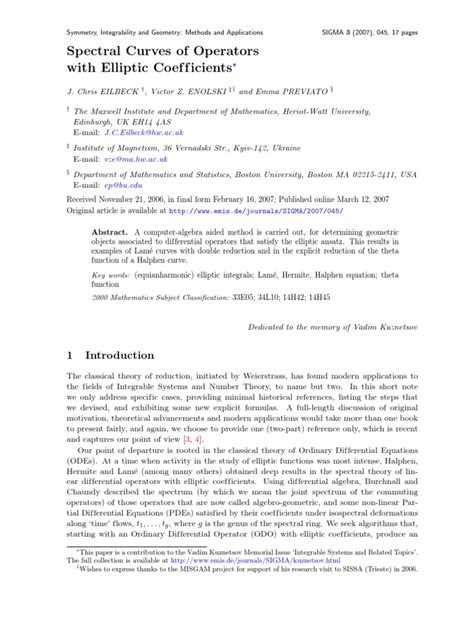 Pdf J Chris Eilbeck Et Al Spectral Curves Of Operators With Elliptic Coefficients Dokumentips