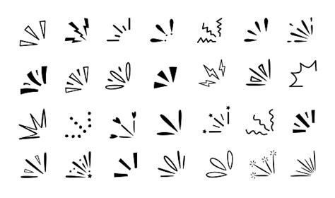 낙서 느낌표 만화 만화 광선 감정 표현 손으로 그린 반짝임 스플래쉬 및 플래시 버스트 기호 장식적인 Starburst 선과 만화 놀람 2d 폭발 강타 효과 벡터 세트 2차