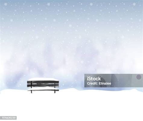 눈이 내리는 오래된 검은 색 벤치가있는 겨울 풍경 미니멀 한 스타일의 벡터 일러스트레이션 눈 냉동상태의 물에 대한 스톡 벡터 아트 및 기타 이미지 눈 냉동상태의 물 1
