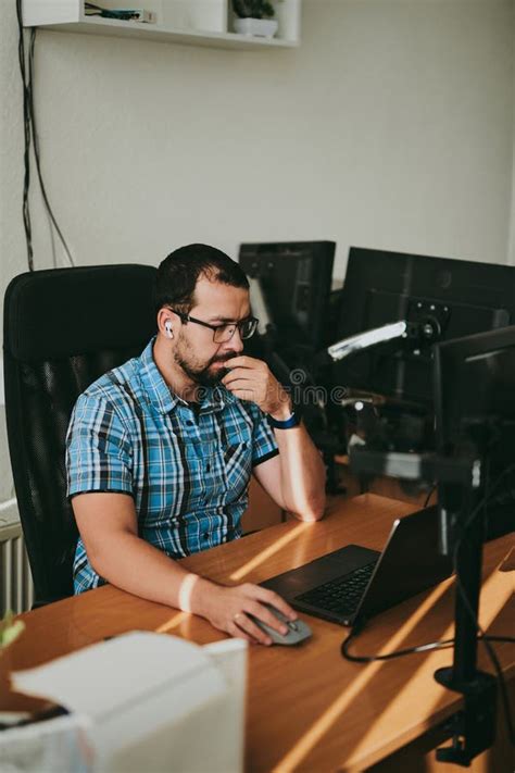 Portrait Professional Man Programmer Working Concentrated On Computer In Diverse Offices Modern
