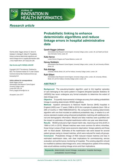 Pdf Probabilistic Linkage To Enhance Deterministic Algorithms And Reduce Data Linkage Errors
