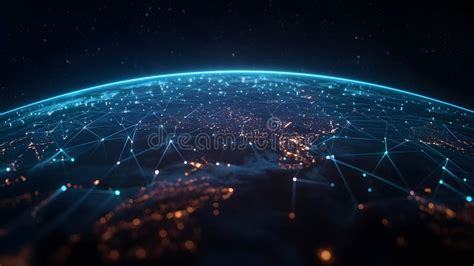 High Tech Representation Of Global Connectivity With Network Nodes Illuminating The Earth From