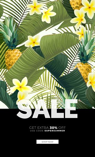 이국적인 바나나 야자수 잎 Frangipani 꽃 파인애플과 텍스트 공간 벡터 여름 디자인 판매 제공 템플릿 전단지 배경의 배너 열대 배경 그림입니다 개성 개념에 대한 스톡