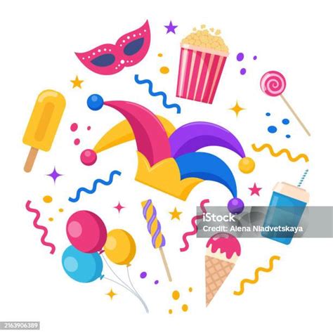 동그라미 및 컬러 색종이 풍선 리본 광대 모자 마스크 및 기타 파티 요소 아이스크림 팝콘 막대 사탕 벡터 가면 무도회에 대한 스톡 벡터 아트 및 기타 이미지 Istock