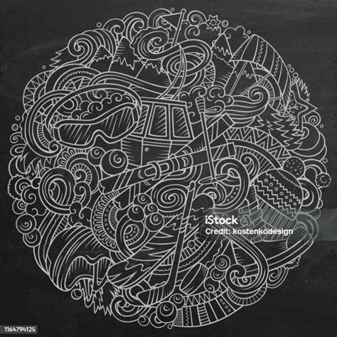 겨울 스포츠 손으로 그린 벡터 낙서 그림입니다 스키 리조트 포스터 디자인입니다 추운 계절 야외 활동 요소와 개체 만화 배경입니다 칠판 재미있는 그림 0명에 대한 스톡 벡터