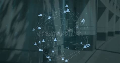 Animation Of Connected Icons Forming Globe Over Big Pillars Of Building