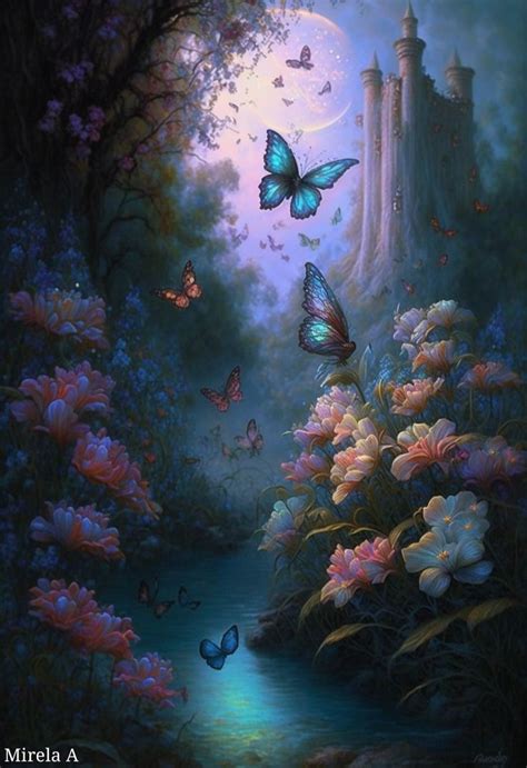 Dreamy Art Flowers And Butterflies In The Moonlight