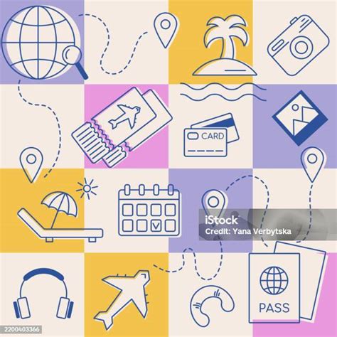 여행 패턴 여름 해변 휴가 컬렉션 벡터 요소 활동적인 관광 포스터 여행 아이콘 여행을 위해 여행은 배너 카드를 제공합니다 휴가 배경 여행 가이드 여행 기기 0명에 대한 스톡