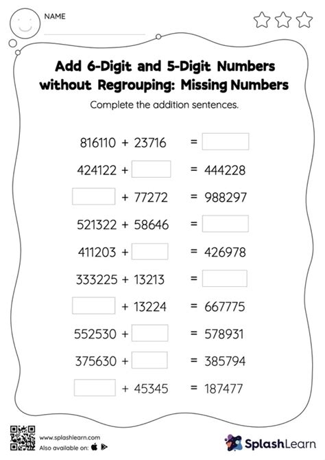 add 6 digit and 5 digit numbers without regrouping missing numbers