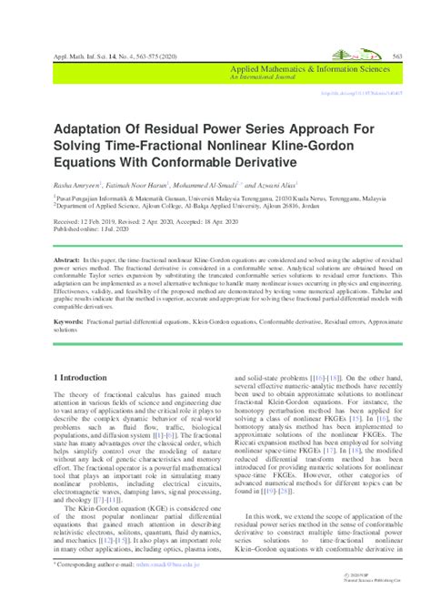Pdf Adaptation Of Residual Power Series Approach For Solving Time Fractional Nonlinear Kline