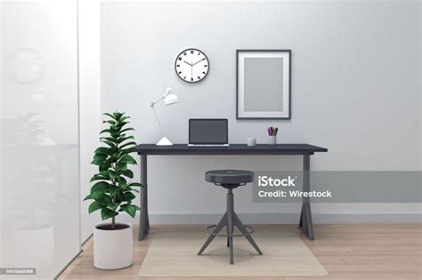 노트북과 방에 있는 다양한 개체가 있는 작업 책상의 보기 3d 렌더링 3차원 형태에 대한 스톡 사진 및 기타 이미지 3차원 형태 가구 금속의 Istock
