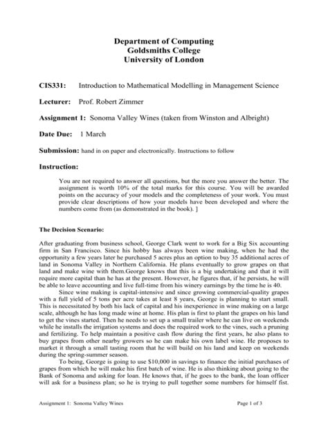 Sonoma Valley Wines Lp Model Assignment