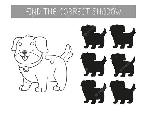 강아지와 함께 올바른 그림자 색칠하기 책 찾기 아이들을 위한 색칠 페이지 교육 게임 프리미엄 벡터