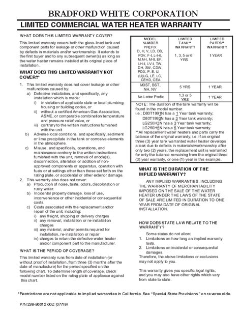 Bradford White Commercial Water Heater Warranty User Manual