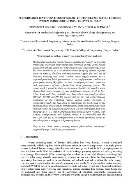 Pdf Performance Investigations Of Solar Photovoltaic Water Pumping System Using Centrifugal