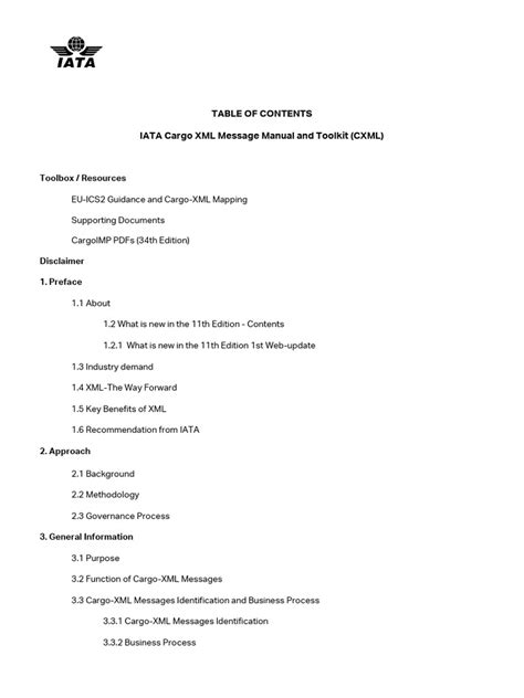 Table Of Content Cargo Xml Message Manual And Toolkit Cxml Pdf Cargo Customs