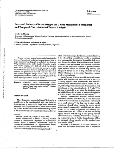 Pdf Sustained Delivery Of Intact Drug To The Colon Mesalamine Formulation And Temporal