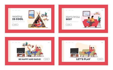 해피 패밀리 여가 시간 방문 페이지 템플릿 세트 아이들과 부모는 함께 집에서 시간을 보내고 아빠와 엄마 아이에 대한 스톡 벡터 아트 및 기타 이미지 Istock