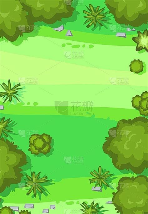 森林中多山的草坪。从以上观点。农村的乡村景观。的地方。树木和灌木的绿色叶子。前视图。背景插图卡通风格素材 花瓣网