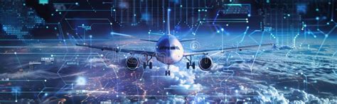 A Futuristic Airplane Flies Through The Sky Surrounded By Digital