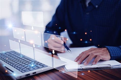 워크플로 비즈니스 개념 비즈니스 관리를 위해 컴퓨터에서 디지털 워크플로 비즈니스와 함께 일하는 사업가 개선에 대한 스톡 사진 및 기타 이미지 Istock