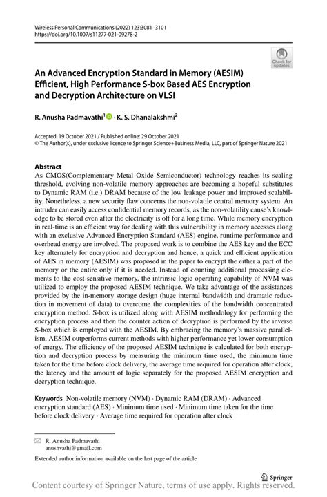 An Advanced Encryption Standard In Memory Aesim Efficient High Performance S Box Based Aes
