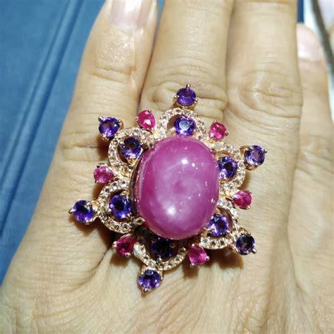 แหวนทับทิมกินบ่เสี้ยง ประดับพลอยอเมทิส ไวท์ โทพาส ทับทิม ราคา 5 800 บาท ตัวเรือนเงินแท้ชุป