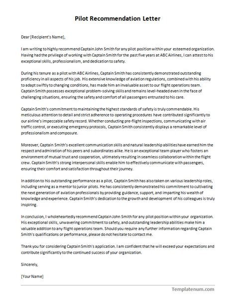 Pilot Recommendation Letter Template With Sample