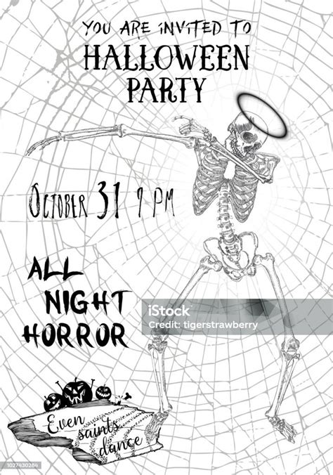 할로윈 해골 춤 Dab와 수직 배경입니다 할로윈 파티와 밤 플라이어 또는 안 내장 템플릿 손으로 서 예 인사 죽은 모든 밤의 댄스 벡터입니다 10월에 대한 스톡 벡터 아트
