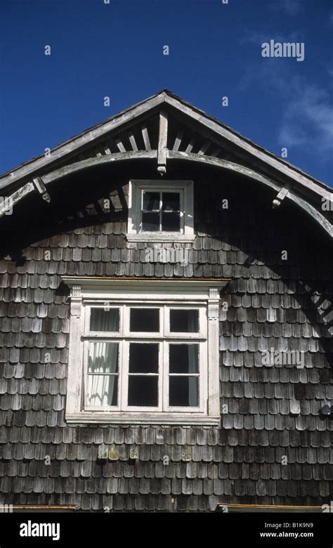 Detail Of Traditional Wooden House With Wall Shingles Puerto Varas Región De Los Lagos Chile