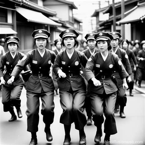 Japanese Female Strikers In Workers Uniforms Fighting Against Male
