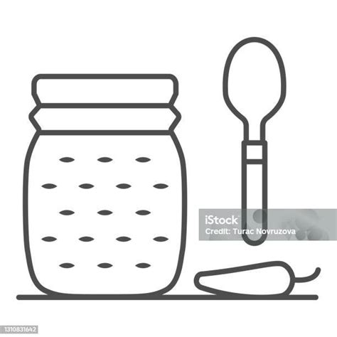 고추 잼 에스펠레트 얇은 라인 아이콘 프랑스 음식 개념 흰색 배경에 고추 잼 벡터 기호 모바일 개념 및 웹 디자인을위한 숟가락 윤곽 스타일 항아리 벡터 그래픽 0명에 대한