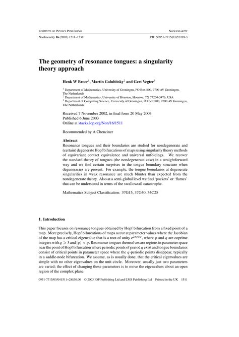 The Geometry Of Resonance Tongues A Singularity Theory Approach Docslib